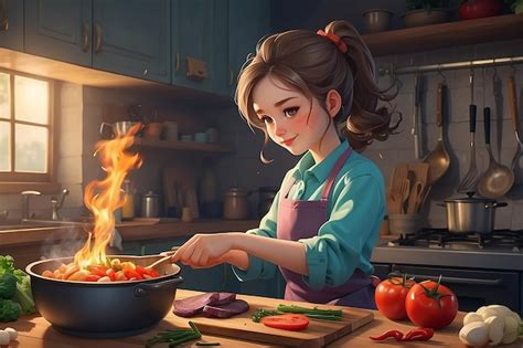 A Girl Cooking Dinner On The Kitchen Premium Ai Generated Image