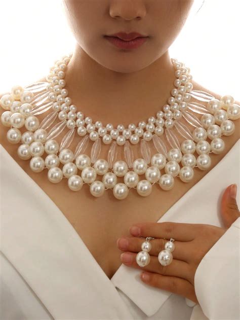 Set De Joyas Para Mujer De 1 Pieza Collar De Perlas Trenzado Elegante Y De Moda Y 1 Pieza