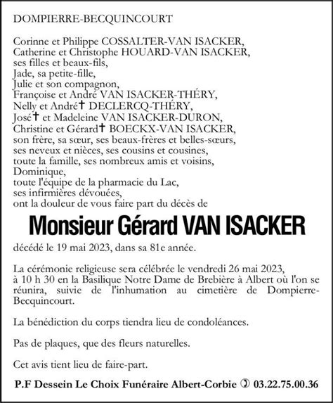 Monsieur Gérard Van Isacker Pompes Funèbres Dessein