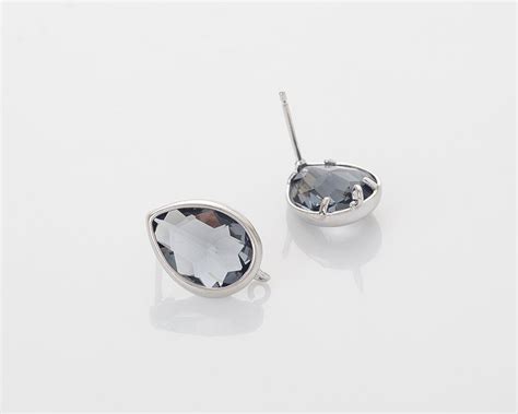 2pcs Charcol Glass Teardrop Post Earring Polished Rhodium Plated G0039e