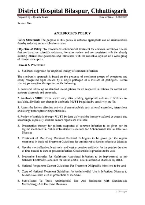 Antibiotics Policy Jknk Prepared By Quality Team Date Of Issue 18 08 Revised Date