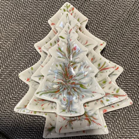 Holiday Vintage Ceramic Splatter Speckle Christmas Tree Nested Candy
