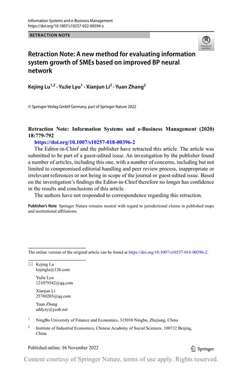 Retraction Note A New Method For Evaluating Information System Growth Of Smes Based On Improved