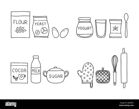 Groups Of Doodle Outline Baking Ingredients Isolated On White Background Stock Vector Image