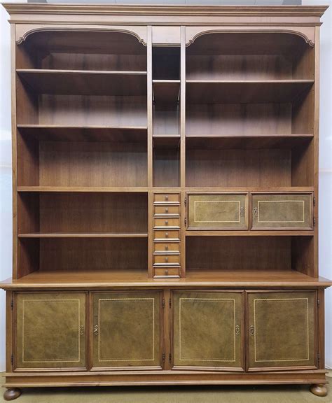 Florentine Style National Walnut And Olive Green Leather Bookcase