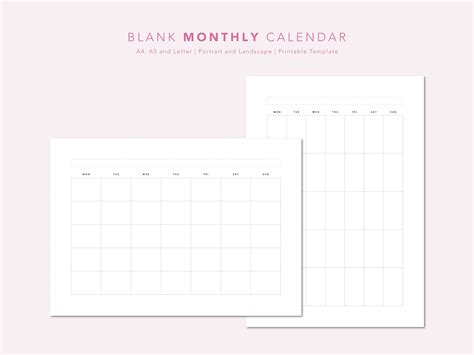 Printable Template Blank Monthly Calendar Landscape Planner Template