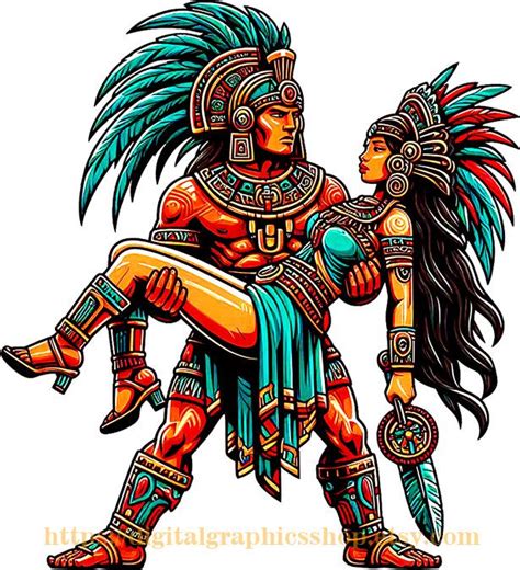 Aztec Warrior Holding Woman Png Aztec Princess  Color Illustration Printable Mexican Indian