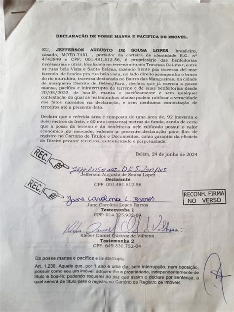 Declaração De Posse Mansa E Pacifica Pdf Pdf