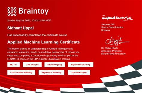 View My Verified Applied Machine Learning Achievement From Braintoy
