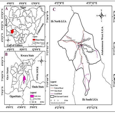 A Map Of Nigeria Showing Osun State B Map Of Osun State Showing Ife