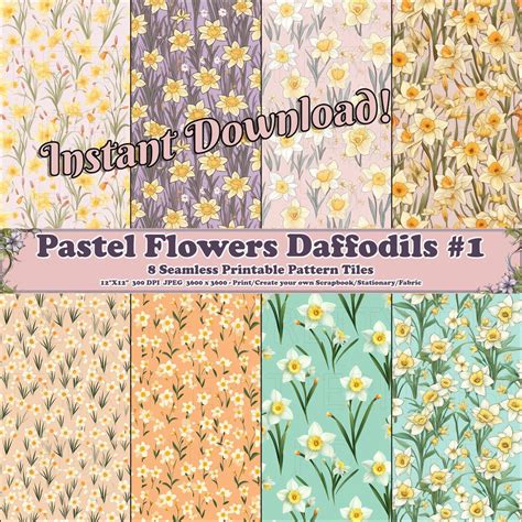 Pastel Flowers Daffodils 1 Set Of 8 Digital Patterns Seamless