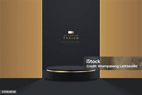호화스러운 까만 3d 실린더 연단 제품 전시 발표 및 금 수직 모양 벽을 위한 현실적 또는 받침대 단계 모형을 위한 최소한의 장면 쇼 제일 제품을 위한 3d 단계 0명에