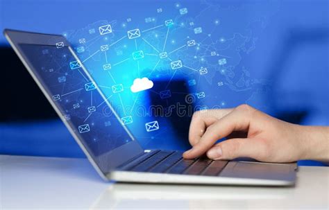 Hand Using Laptop With Centralized Cloud Computing System Concept Stock