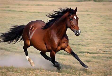 Um Cavalo Castanho Com Uma Faixa Branca Correndo Em Um Campo Foto Premium