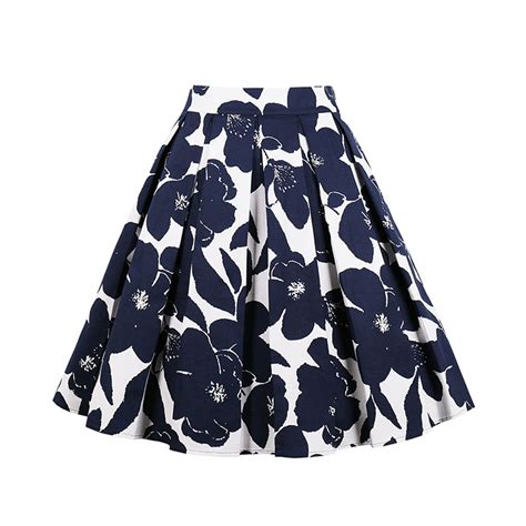 Plus Size Vintage Blue Floral Print High Waisted Flared Pleated Skirt