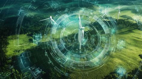 Futuristic Smart Grid Protecting Wind Turbines In Green Field Stock