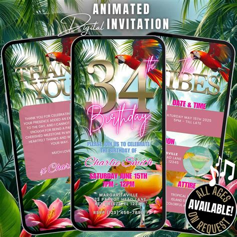 34th Tropical Theme Birthday Party Invite Digital Video Invitation