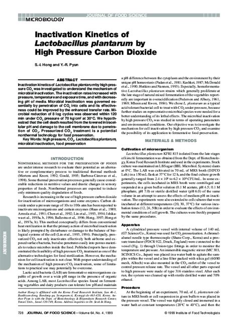 Pdf Inactivation Kinetics Of Lactobacillus Plantarum By High Pressure Carbon Dioxide