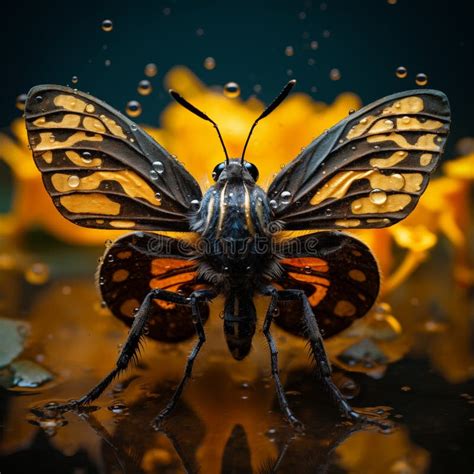 A Hybrid Bumble Bee And Butterfly Resting On A Glass Surface Amidst Vibrant Flowers Stock