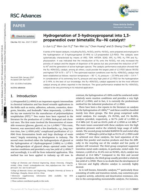 Pdf Hydrogenation Of 3 Hydroxypropanal Into 13 Propanediol Over