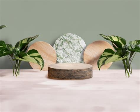 Premium Ai Image 3d Photo Circle Wood And Stone Podium With Calathea Orbifold Flower Backdrop