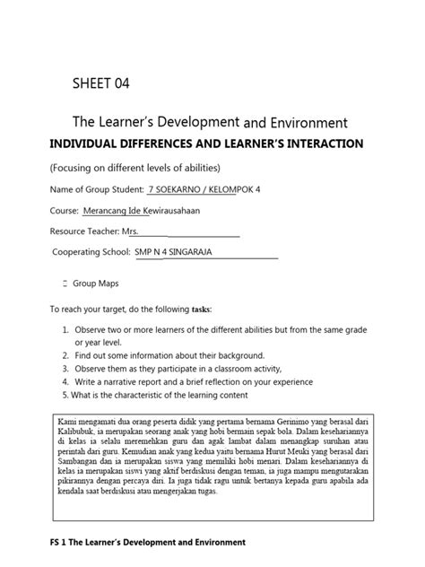 Individual Differences And Learners Interactions Observation Sheet