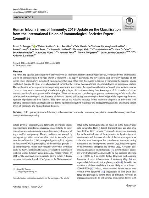 Pdf Human Inborn Errors Of Immunity 2019 Update On The