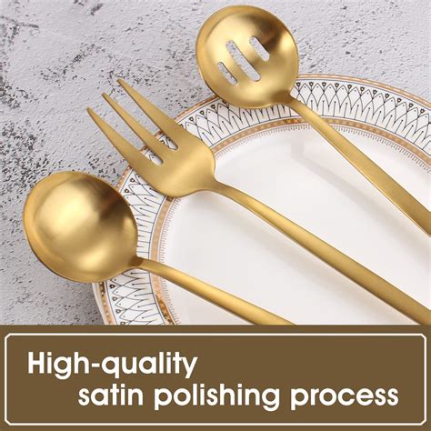 Matte Gold Serving Silverware Set 5 Piece Round Shared Utensils Set Of Stainless
