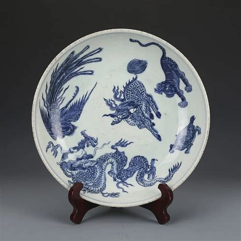 10 6and Chinese Qing Blue And White Porcelain Dragon Phoenix Kylin