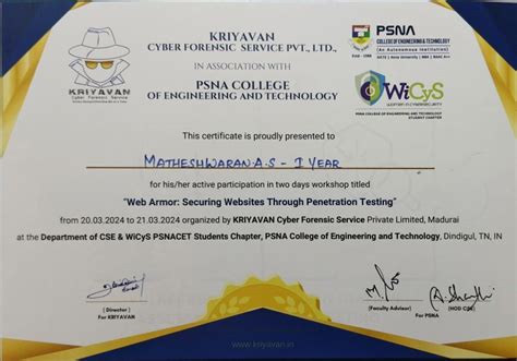 Completed Web Armor Securing Websites With Kriyavan Matheshwaran As Posted On The Topic