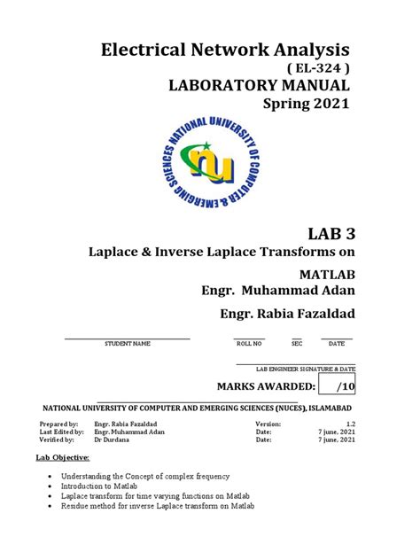 Lab 04 Laplace And Inverse Laplace Transforms On Matlab Pdf