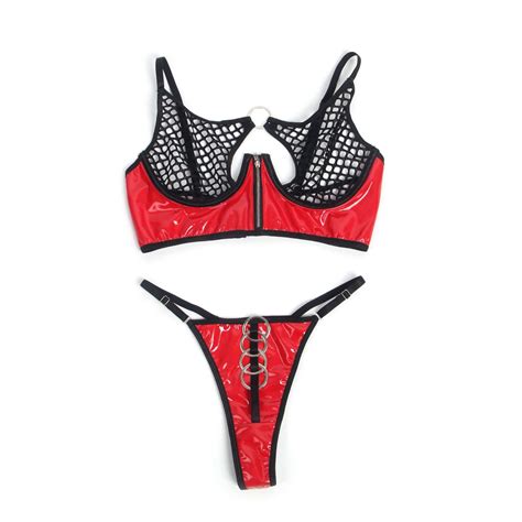 Red Leather Mesh Lingerie Set