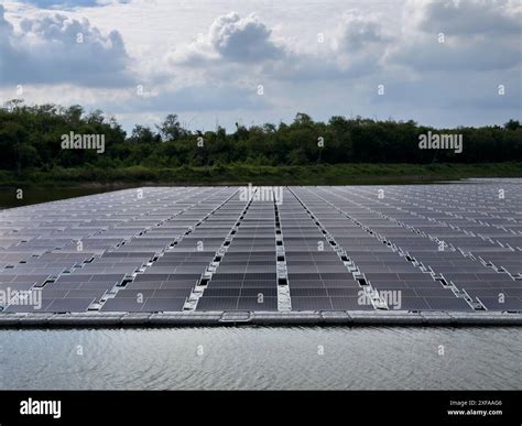 Floating Solar Cell Power Plant Generate The Electric On The Lake Stock