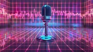 Microphone Stands Centered As Sound Wave Patterns Pulse On A Vibrant