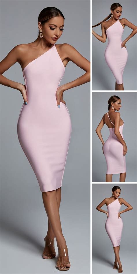 Janan One Shoulder Midi Bandage Dress Pink Bandage Dress Outfit