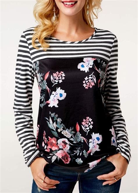 Long Sleeve Flower Print Black T Shirt Trendy Fashion Tops Trendy