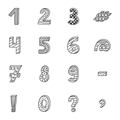 Doodle Funky 3d Number Set With Hand Drawn Outline And Memphis
