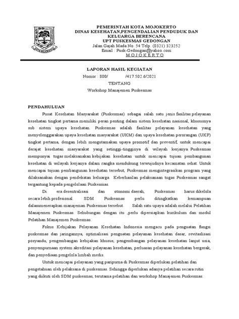 laporan workshop pelatihan manajemen puskesmas pdf