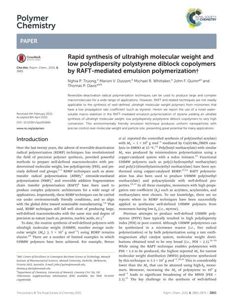 Pdf Rapid Synthesis Of Ultrahigh Molecular Weight And Low Polydispersity Polystyrene Diblock