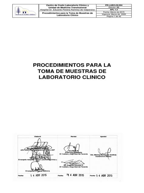 Pr Labclin 004 Procedimiento Toma De Muestras Ed 3 Pdf