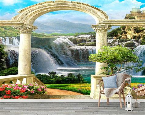 Antik Sütunlar Ve Şelale Manzaralı Doğa Tasarımı Duvar Kağıdı Poster Marketi