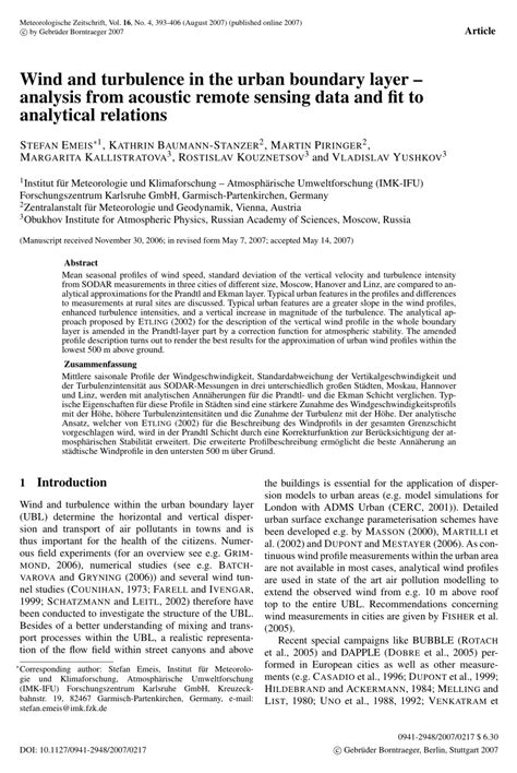 Pdf Wind And Turbulence In The Urban Boundary Layer Analysis From