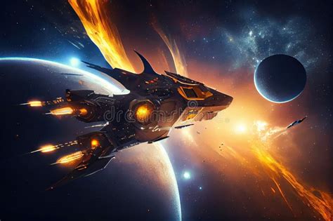 Spaceship Flying Past Binary Star System With Its Brilliant Stars Shining In The Background