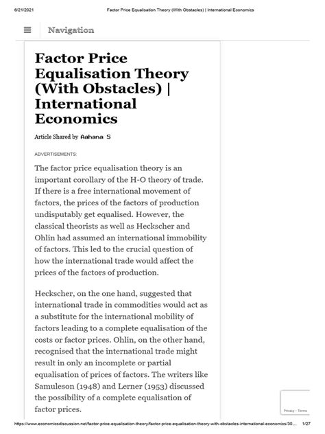 Factor Price Equalisation Theory With Obstacles International