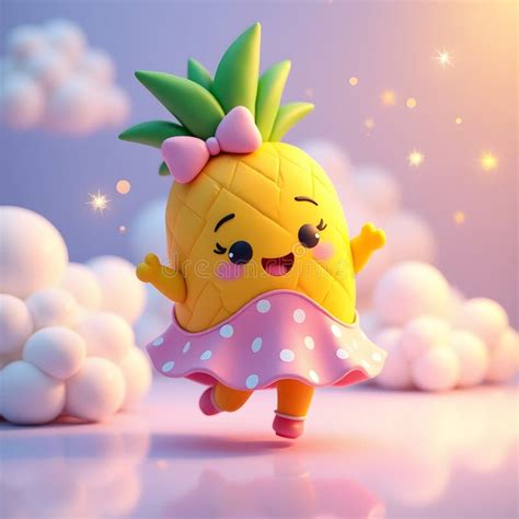 Chibi Pineapple Doing Dancing With Ribbon In Her Hair Stock