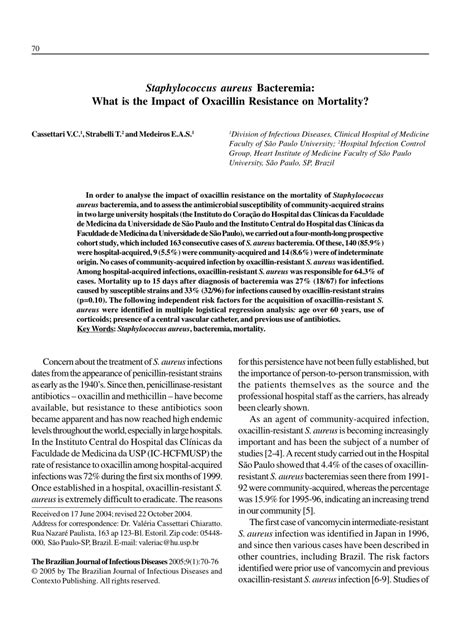 Pdf Staphylococcus Aureus Bacteremia What Is The Impact Of Oxacillin Resistance On Mortality