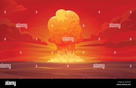 Colored Red Nuclear Explosion Composition Or Poster With Column Of