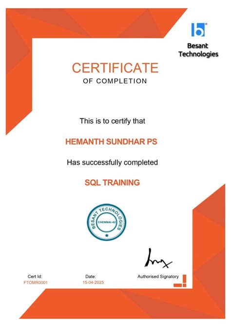 Sql Databaseskills Completedcourse Besanttechnologies Hemanth Sundhar Ps