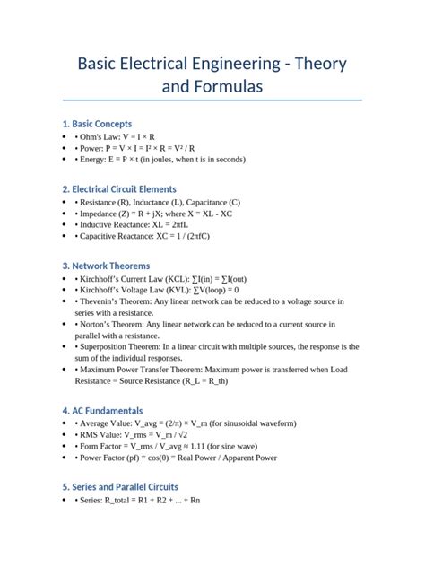 Basic Electrical Engineering Formulas Pdf