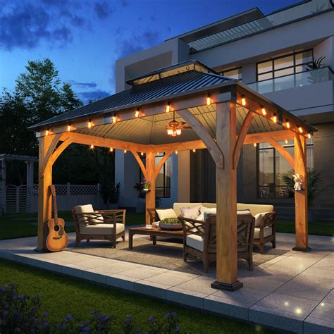 Gartoo Outdoor Spruce Wood Hardtop Gazebo Patio Double Roof Galvanized